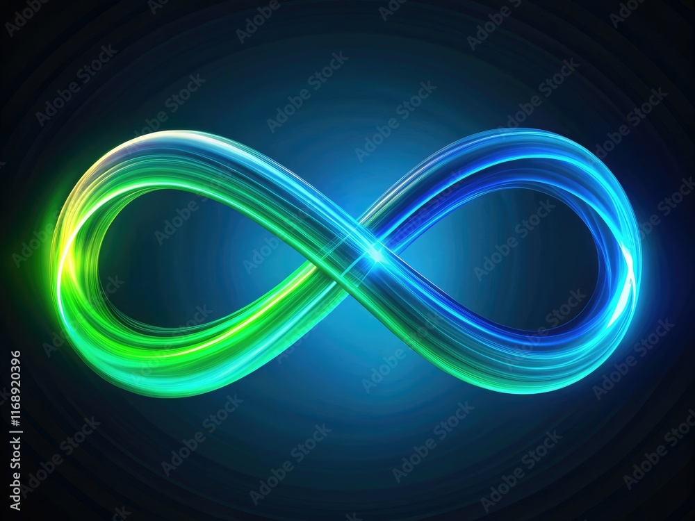 Fluid blue-green lines create an abstract infinity symbol, a modern ...