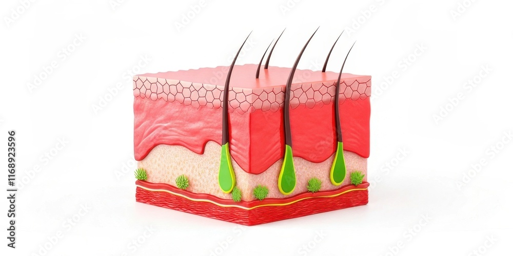 A 3D illustration of skin layers, showing hair follicles, sebaceous ...