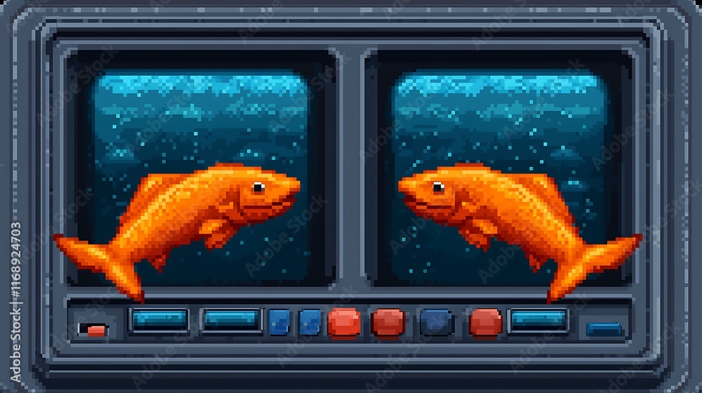 Two pixel art orange fish facing each other in split screen monitor ...