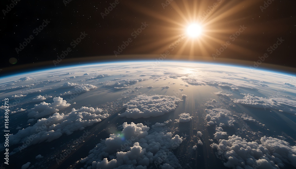 lose-up of Earth’s Curved Horizon with Clouds, Oceans, and Green ...