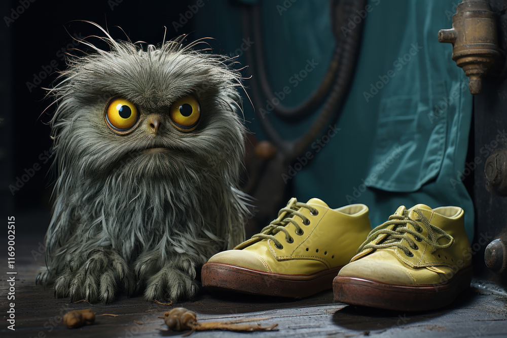 funny and fluffy gray owlet with big yellow eyes, sitting next to a ...