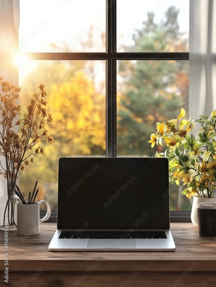 workplace in modern office interior with blank mock up laptop computer ...