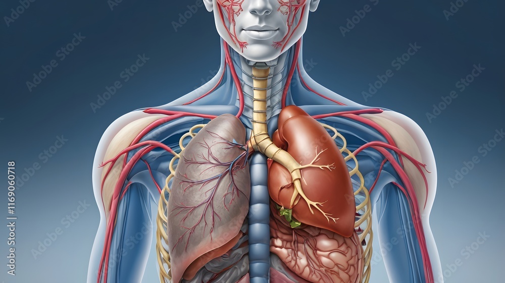 Human body and its vital organs with circulatory and respiratory ...