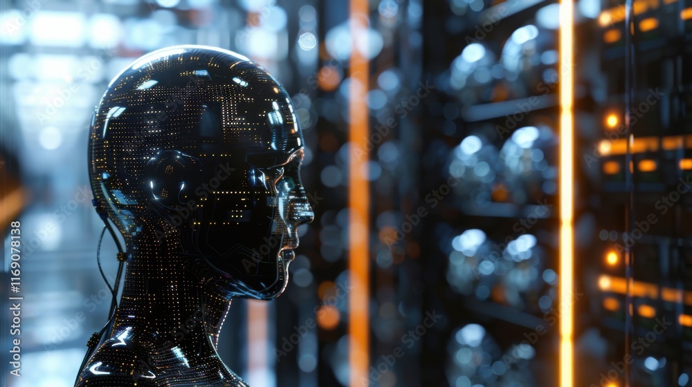 Illustration of a machine learning process featuring artificial intelligence, deep data mining ...
