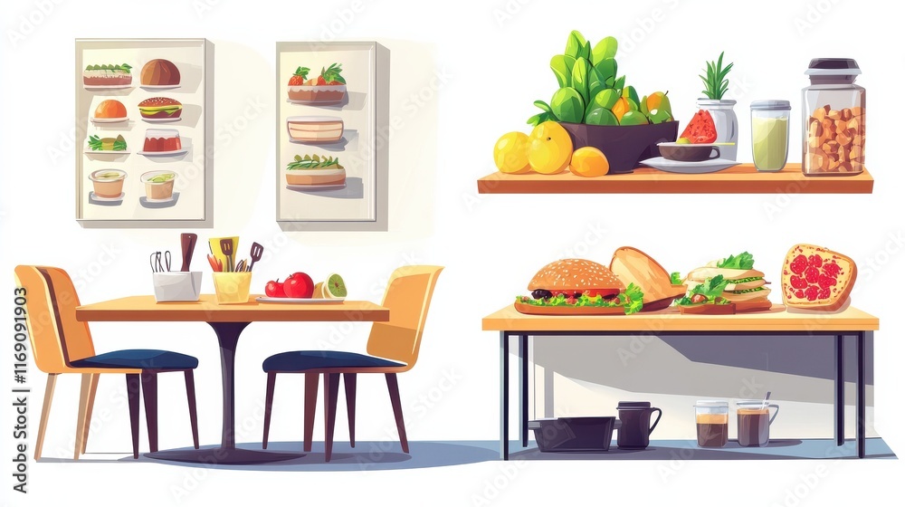 Food in the office isolated cartoon vector illustrations set. Coffee ...