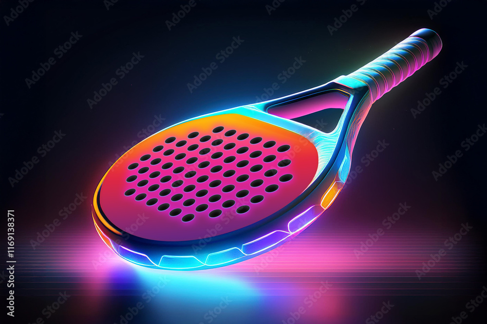 Padel tennis racket in neon lights. Background with copy space. Mockup ...