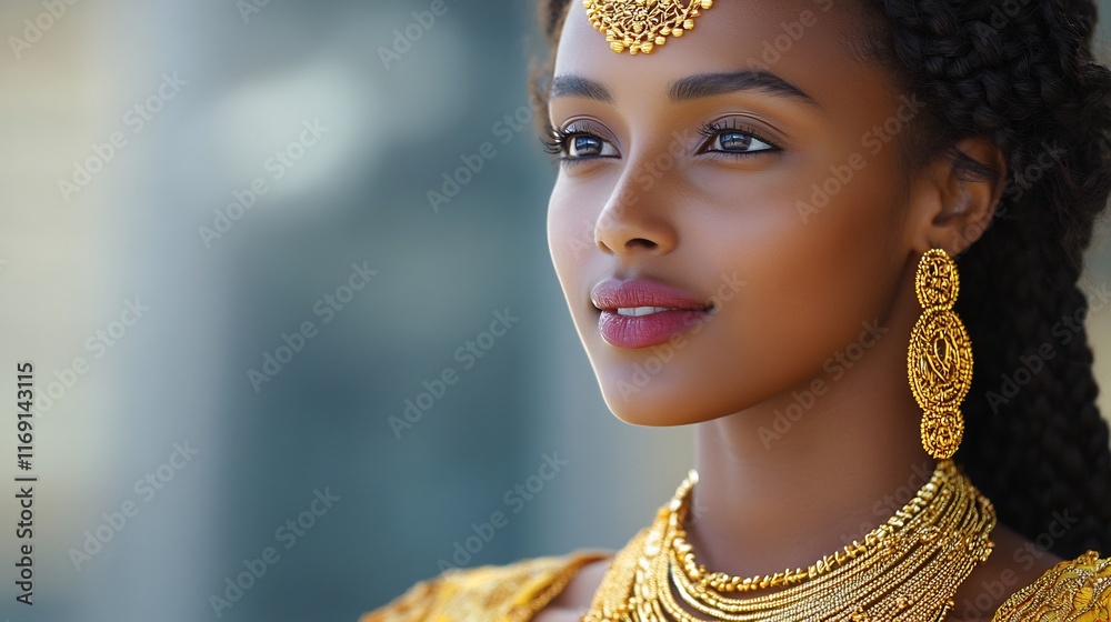 Beautifully crafted 'Ethiopian' gold necklace featuring traditional designs motifs worn by women ...