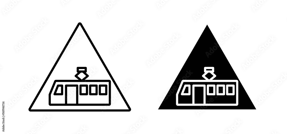 Tramway caution traffic signs set in black and white colors Stock ...