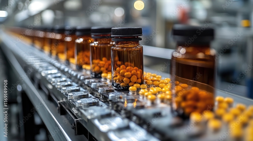 Automated packaging line sorting different types of medicine bottles by ...