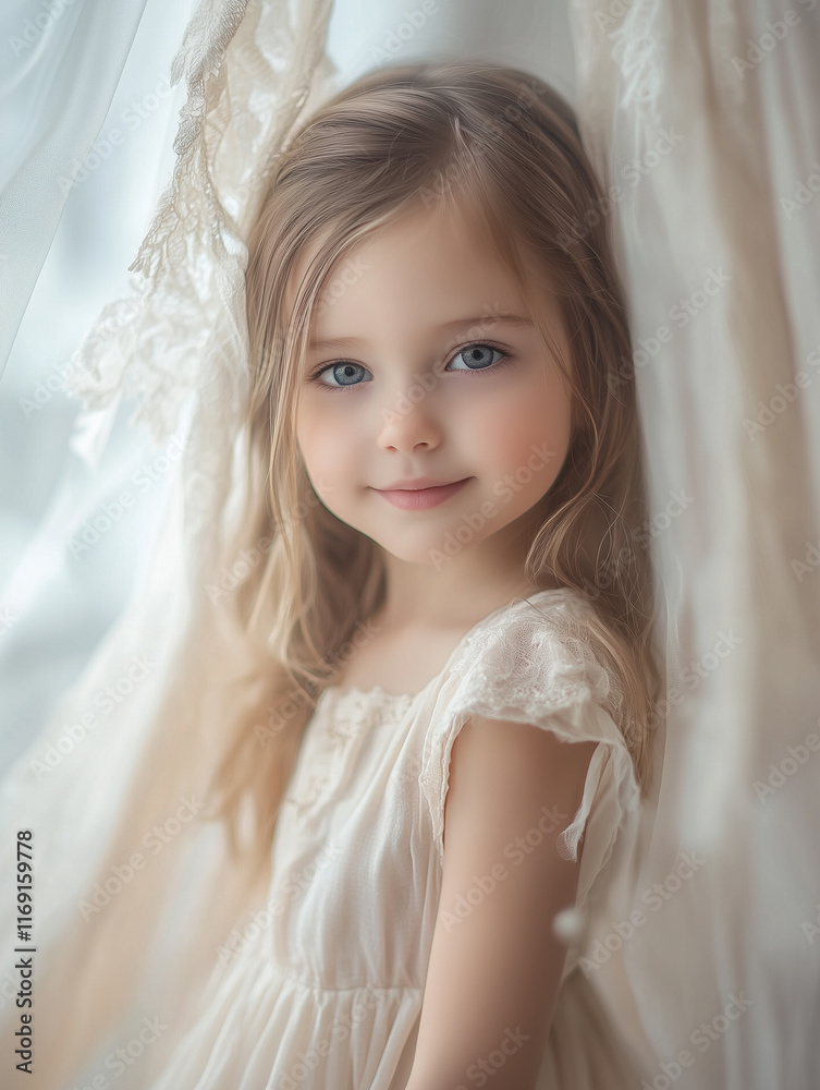 Little girl in soft pastel dress gazes through sheer curtains in softly ...