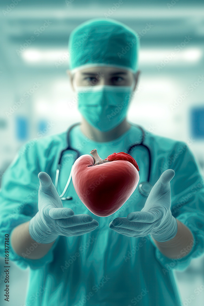 Surgeon in scrubs and surgical mask presenting a realistic 3D model of ...