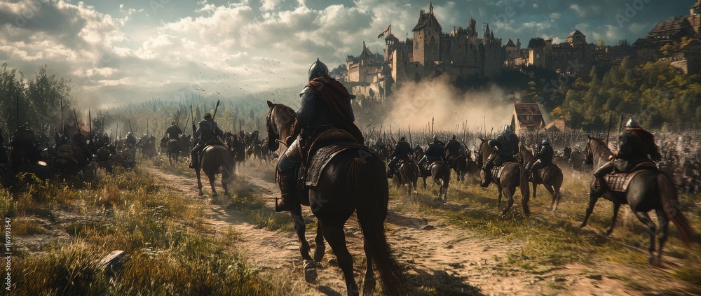 Epic cavalry charge against a fortified castle on a dramatic afternoon ...