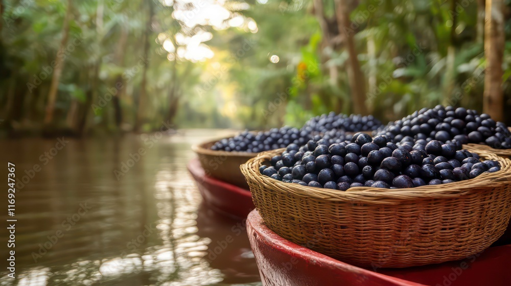 Fresh acai berries fruit in straw baskets in red boat and forest trees ...