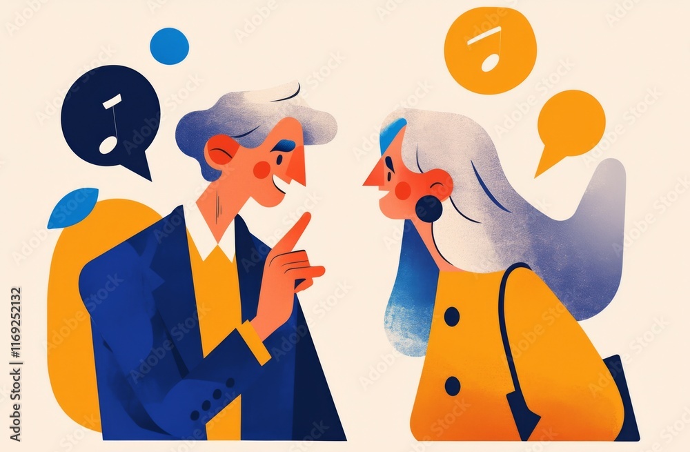 Two people having a conversation, one wearing a blue suit, the other ...