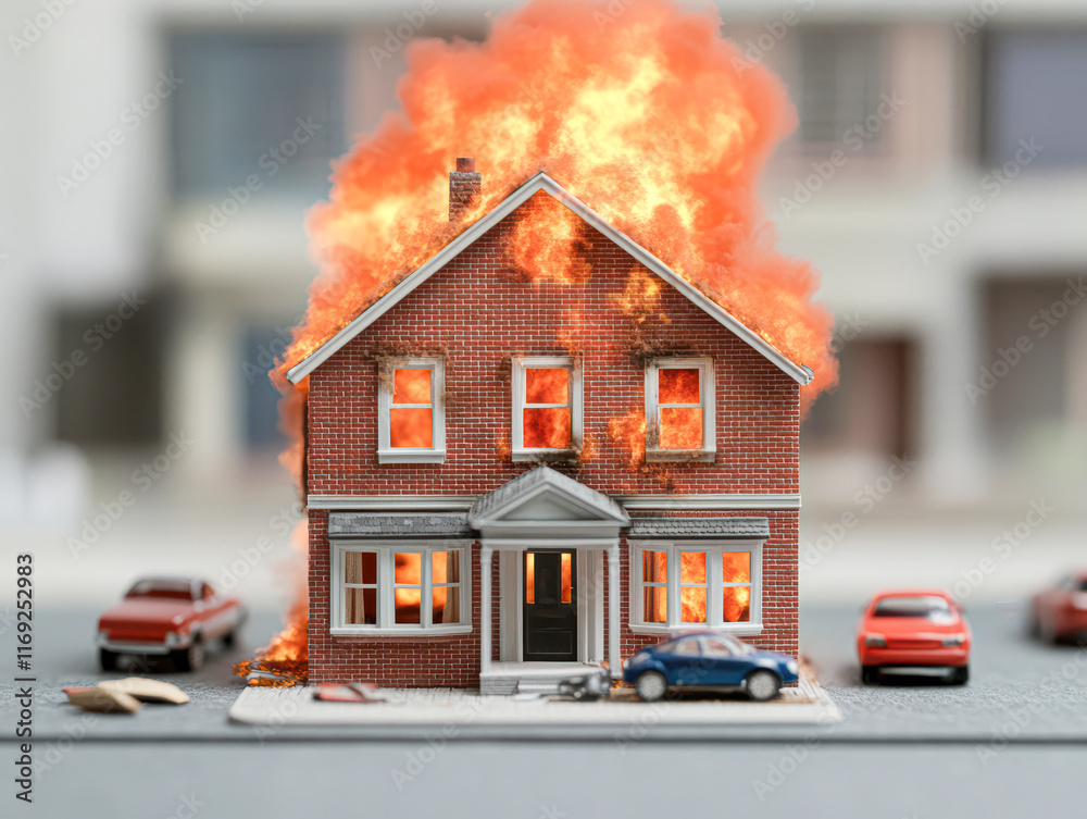Dramatic photo of house fire in urban neighborhood emergency awareness ...