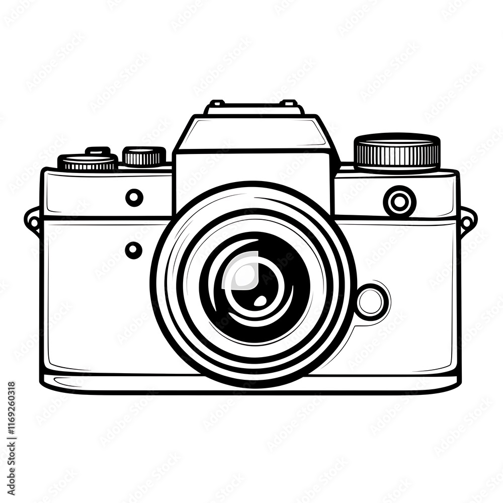 Vintage camera illustration, black and white line art drawing of a ...