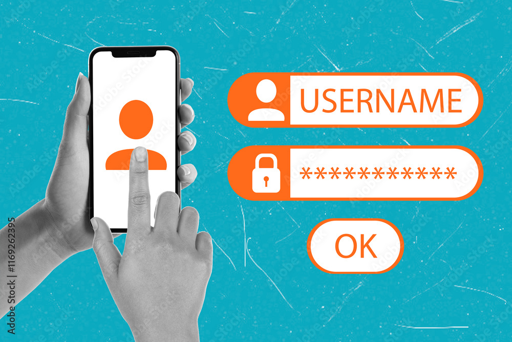 Modern art collage showing a hand with phone, dialing password, phone ...