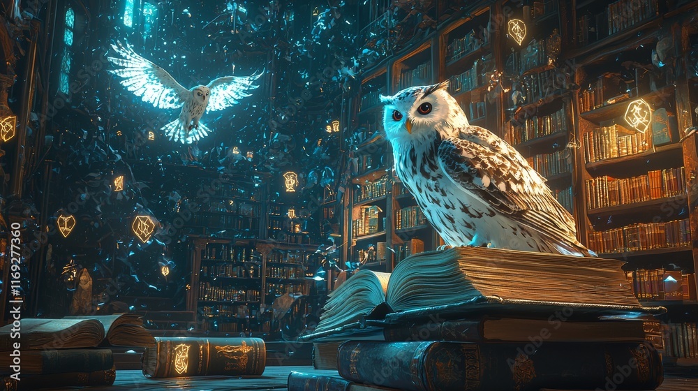 Ethereal Guardian Owl in Mystical Library with Floating Books and ...