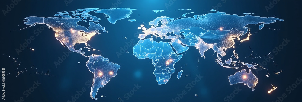 holographic world map displays locations blue background panoramic ...