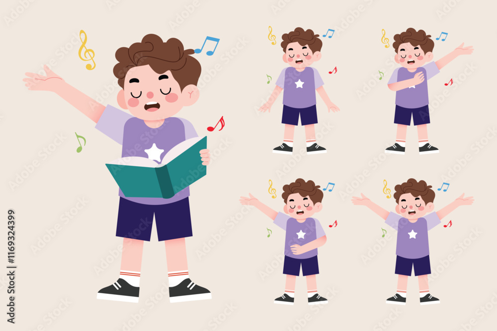 Cute Boy Singing Music Performance Child with Book Cartoon Illustration ...