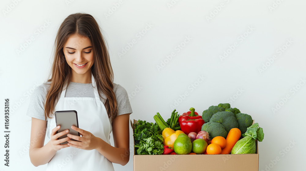 woman check recipe on her smartphone, standing next to box fresh fruits ...