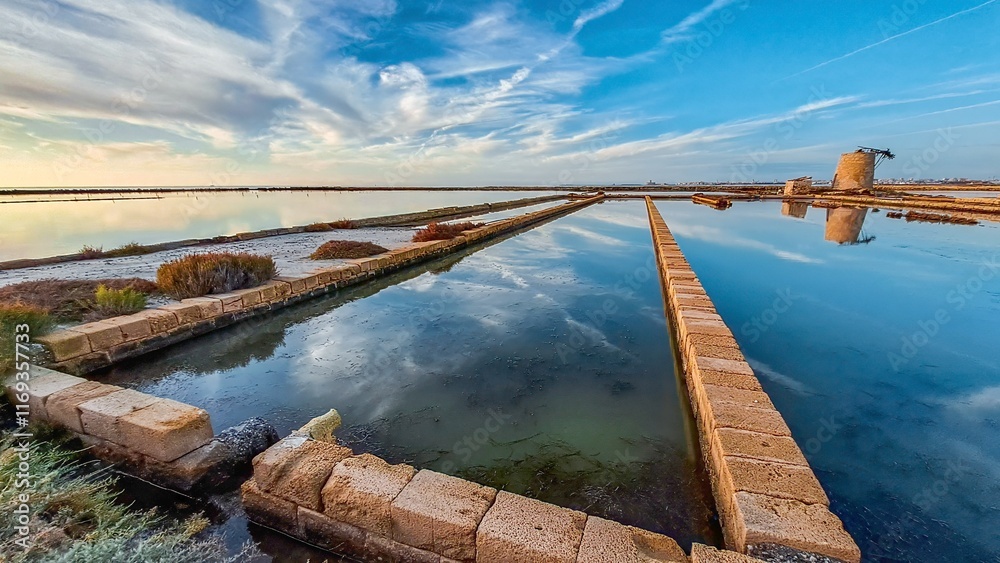 The salt flats of Saline di Marsala, Sicily, with reflective water ...