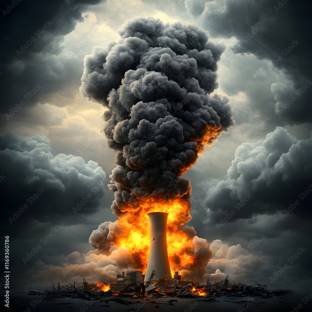 Catastrophic power plant explosion with towering columns of dark smoke ...