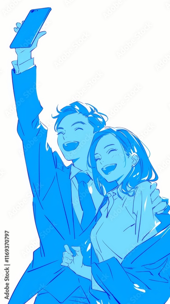 Simple line drawing of two people cheering, an Asian woman in a blue ...
