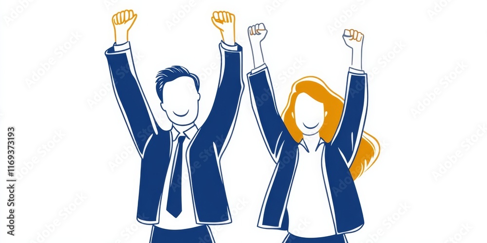 Simple line drawing of two people cheering, one in a blue suit with a ...
