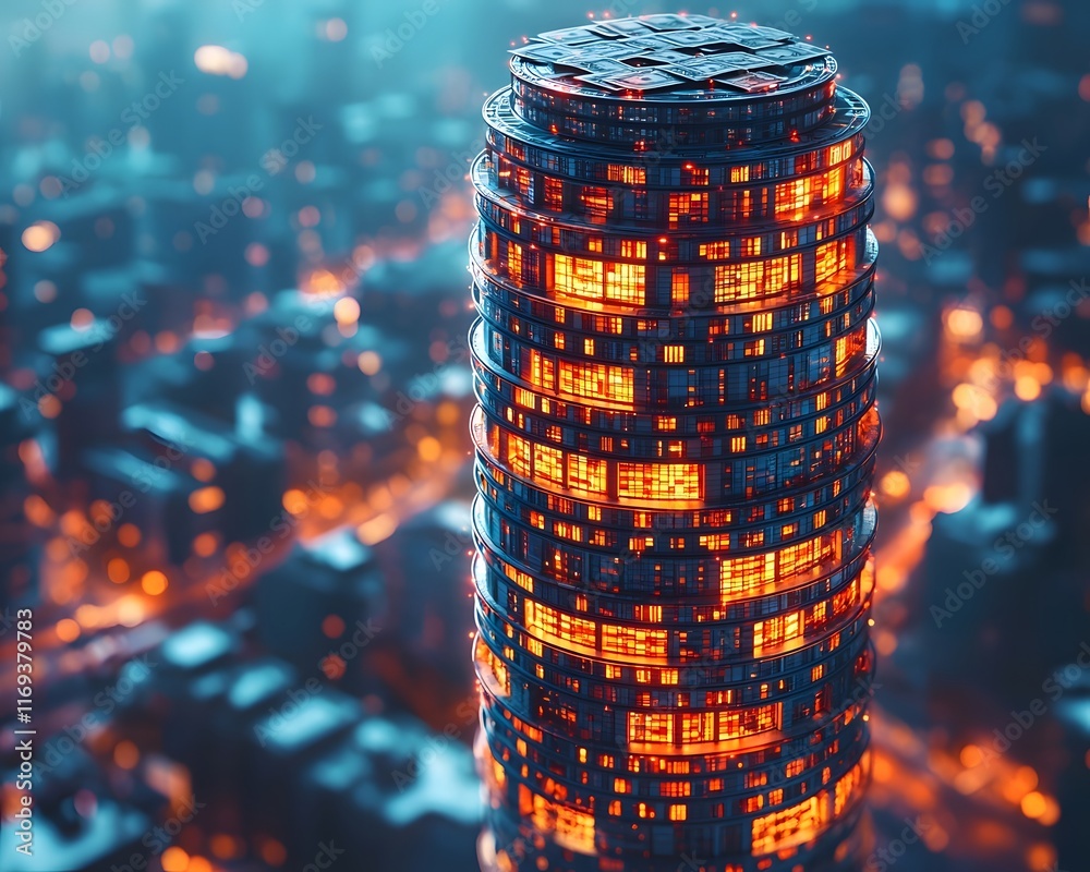 Stacked Currency Symbols in High Rise Office Building Representing ...