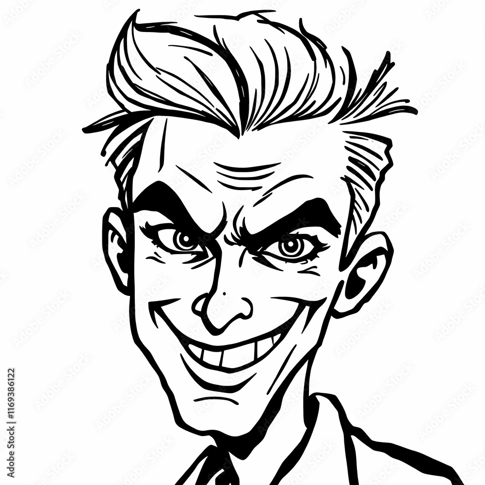 Intriguing Cartoon Portrait: A mischievous grin and piercing eyes in a ...