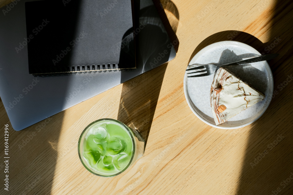 Matcha with ice, dessert, notebook, laptop, aesthetic, break, remote ...