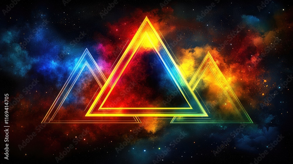Vivid neon triangles glow against a cosmic backdrop. Ideal for music ...