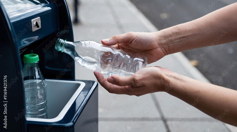 Placing empty plastic bottle into a reverse vending machine. Deposit ...