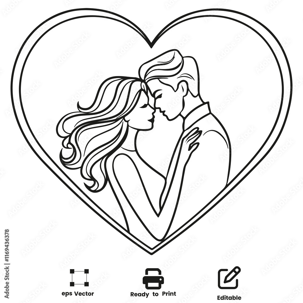 Romantic Love Couple in Heart Outline heart Icon shape Symbol vector ...