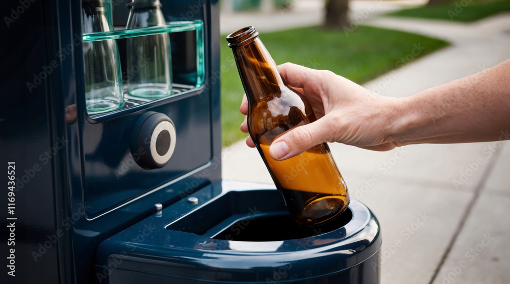 Placing empty glass bottle into a reverse vending machine. Deposit ...