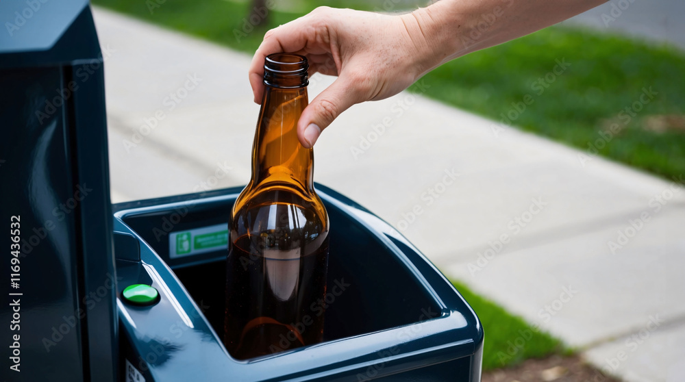 Placing empty glass bottle into a reverse vending machine. Deposit ...