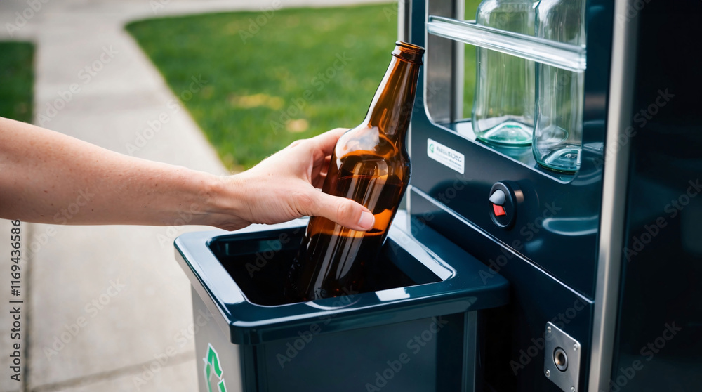 Placing empty glass bottle into a reverse vending machine. Deposit ...
