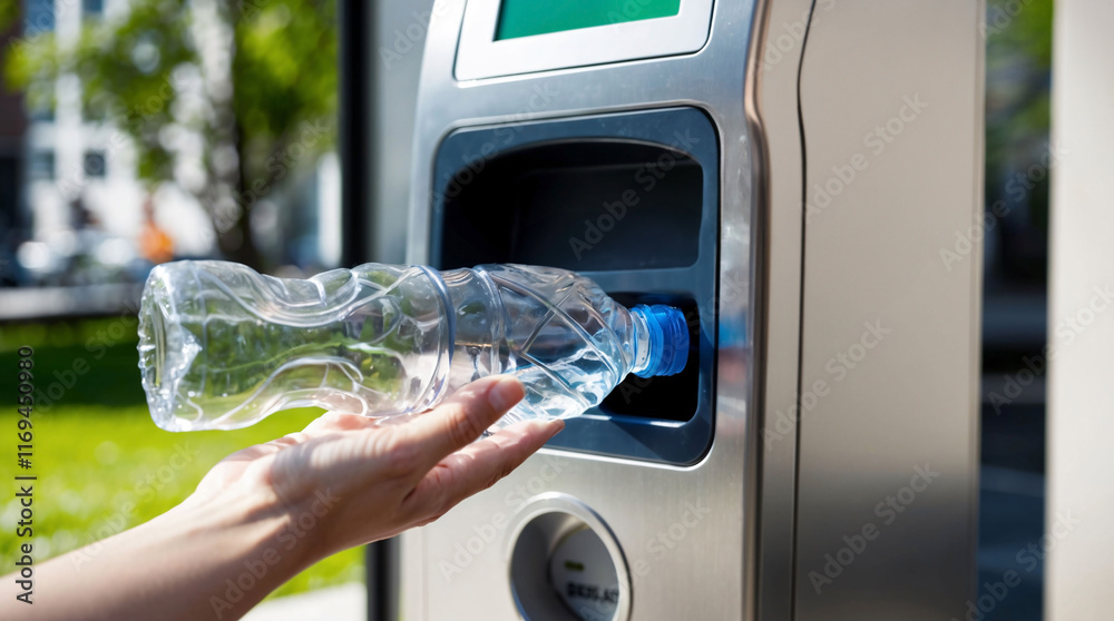 Placing empty plastic bottle into a reverse vending machine. Deposit ...
