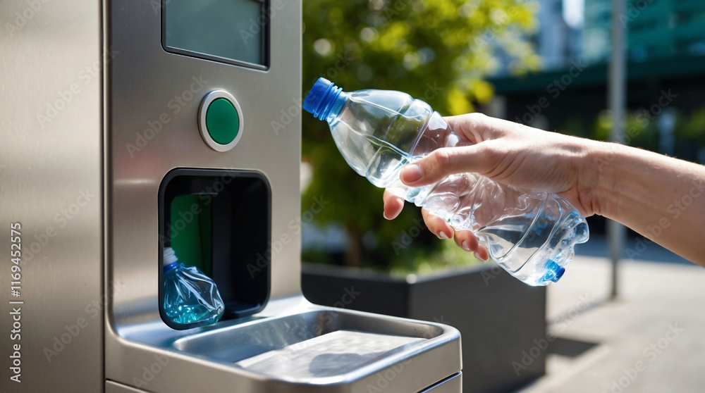 Placing empty plastic bottle into a reverse vending machine. Deposit ...