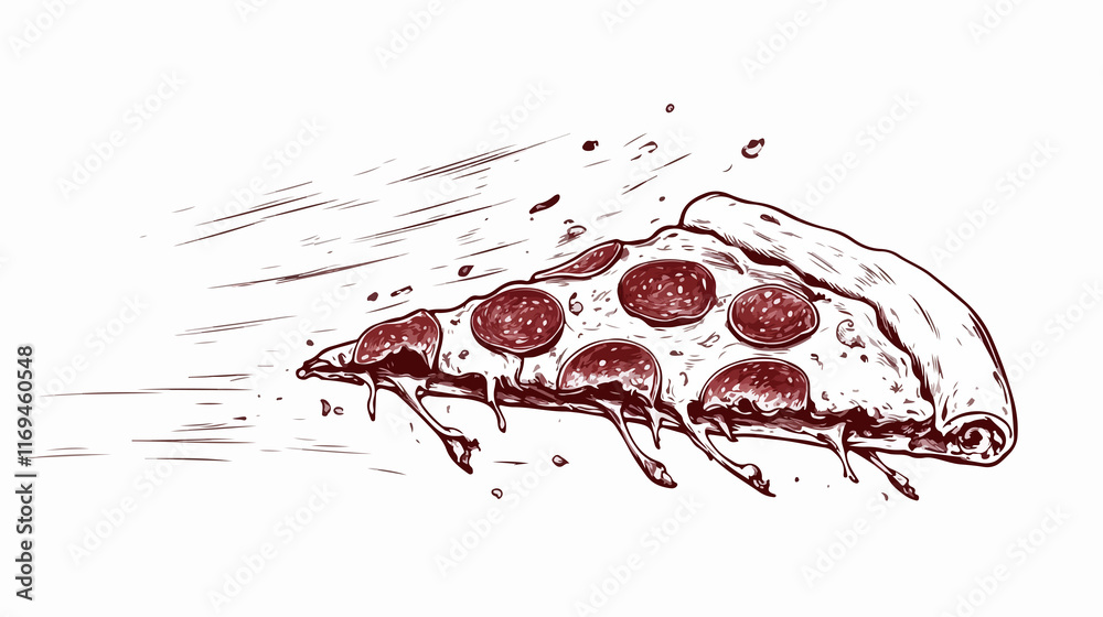 Detailed drawing of pepperoni pizza slice for fast food menu design ...
