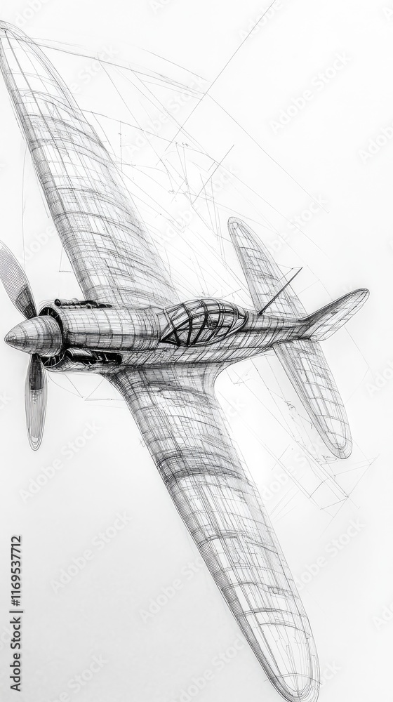 Detailed schematic of Spitfire fighter aircraft showcasing its iconic ...