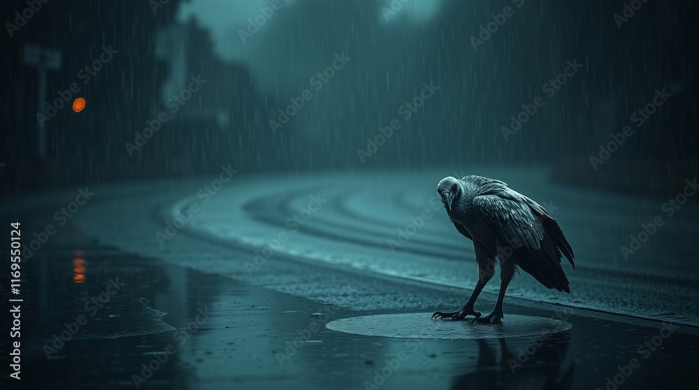 Eerie, creepy atmosphere Wet rainy scene featuring an Ethiopian vulture ...