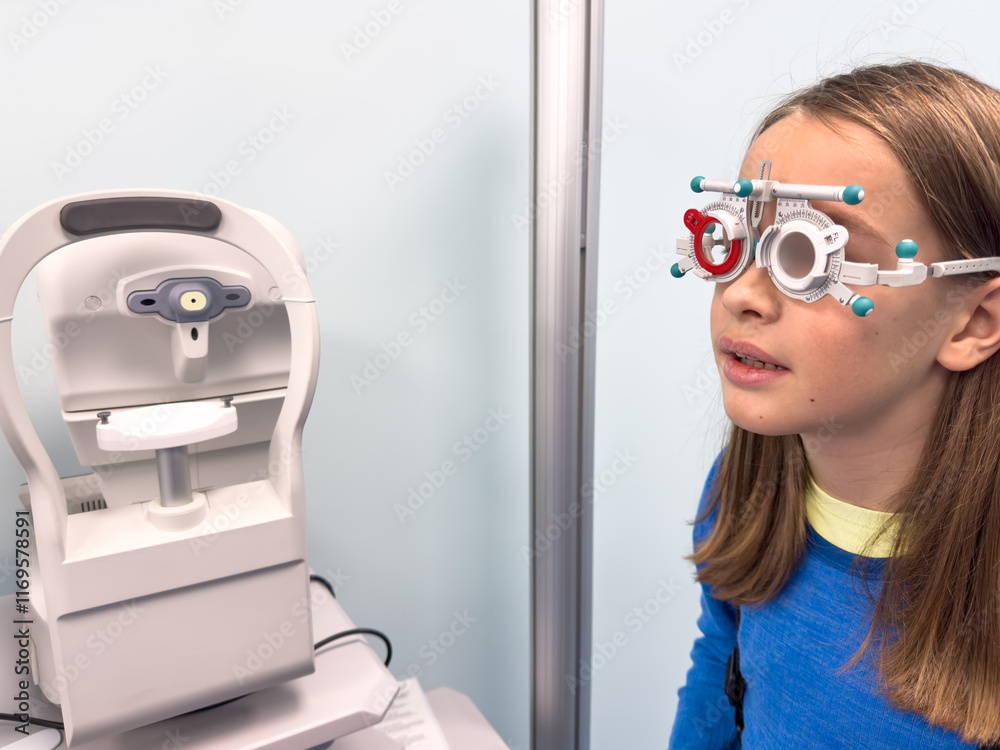 Optometrist performing visual test of child. Examination child with ...