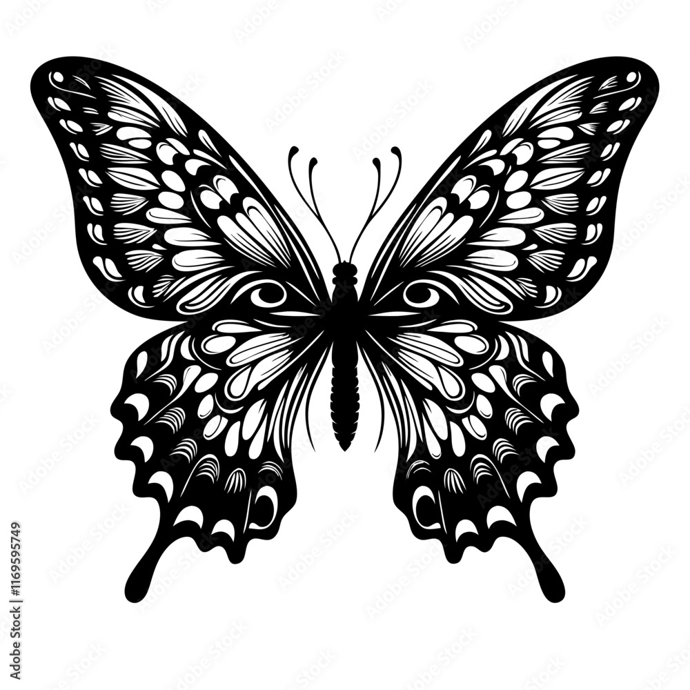 Butterfly silhouette with detailed wings in dynamic pose . Clipart ...