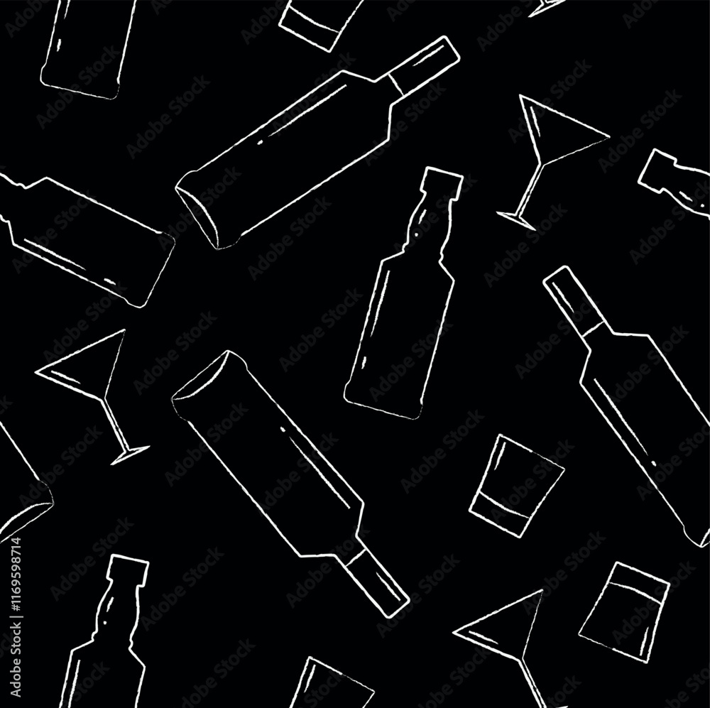 Pattern linear simple drawing of alcohol bottles. Hand drawing with a ...