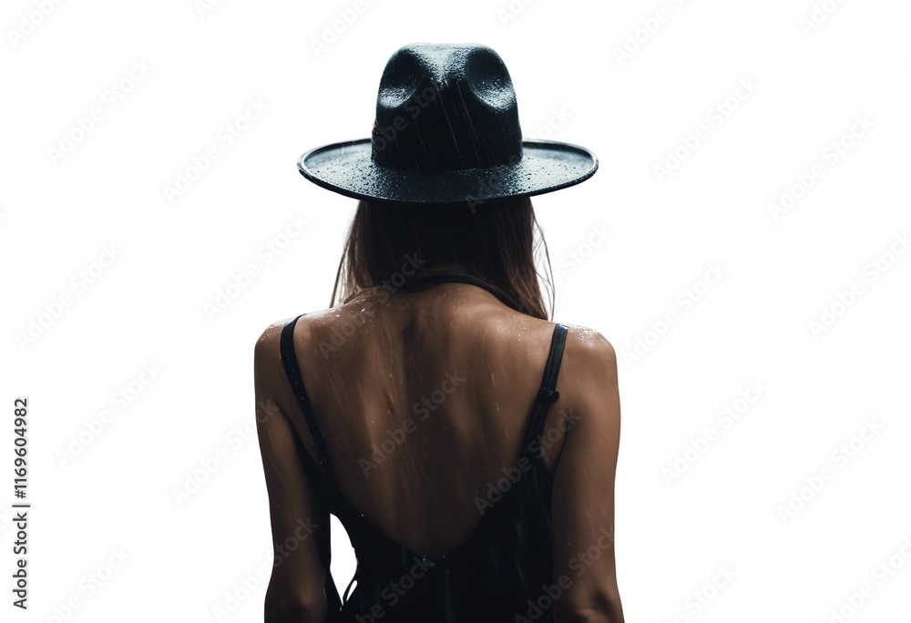 Noir movie back view of gangster girl with hat isolated on transparent ...