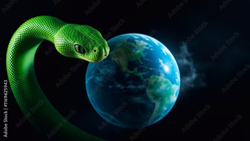 Green snake around planet Earth in space. Symbol of the year 2025 Stock ...