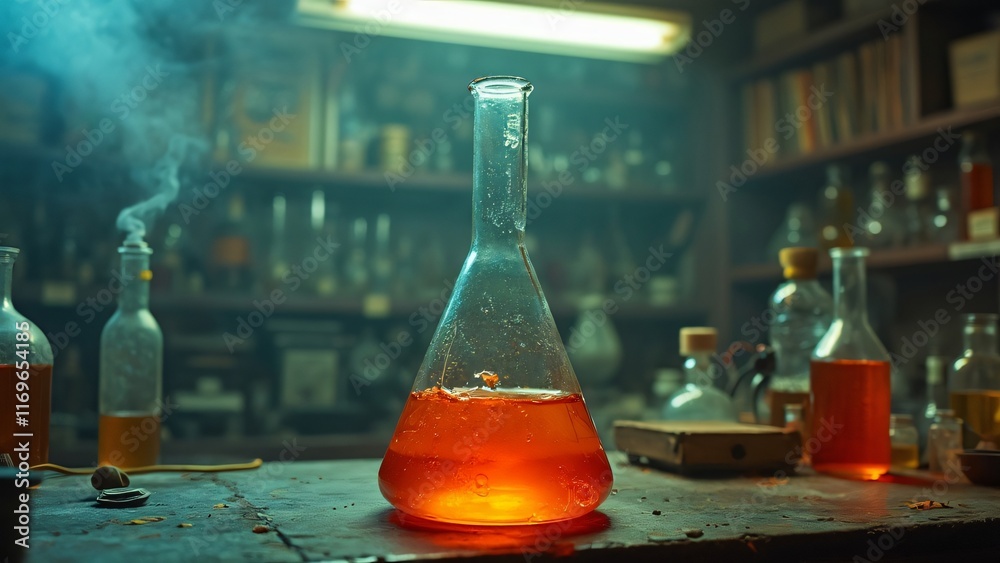 Glowing Orange Liquid in Erlenmeyer Flask, Science Lab, Alchemy ...