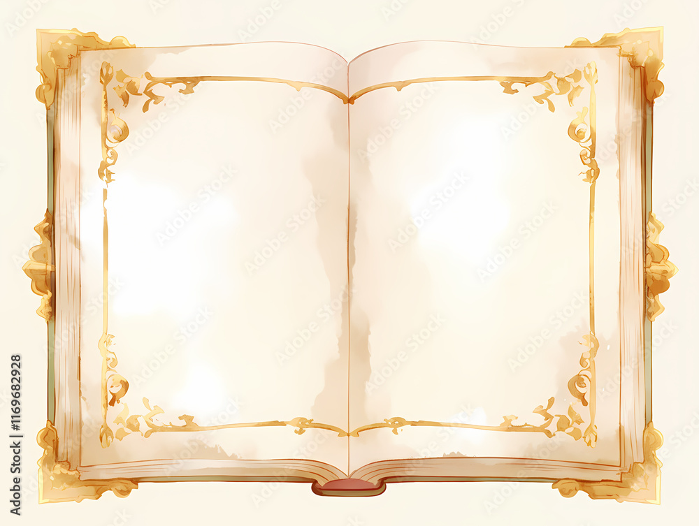 Open antique book with ornate gold detailing. Watercolor style ...